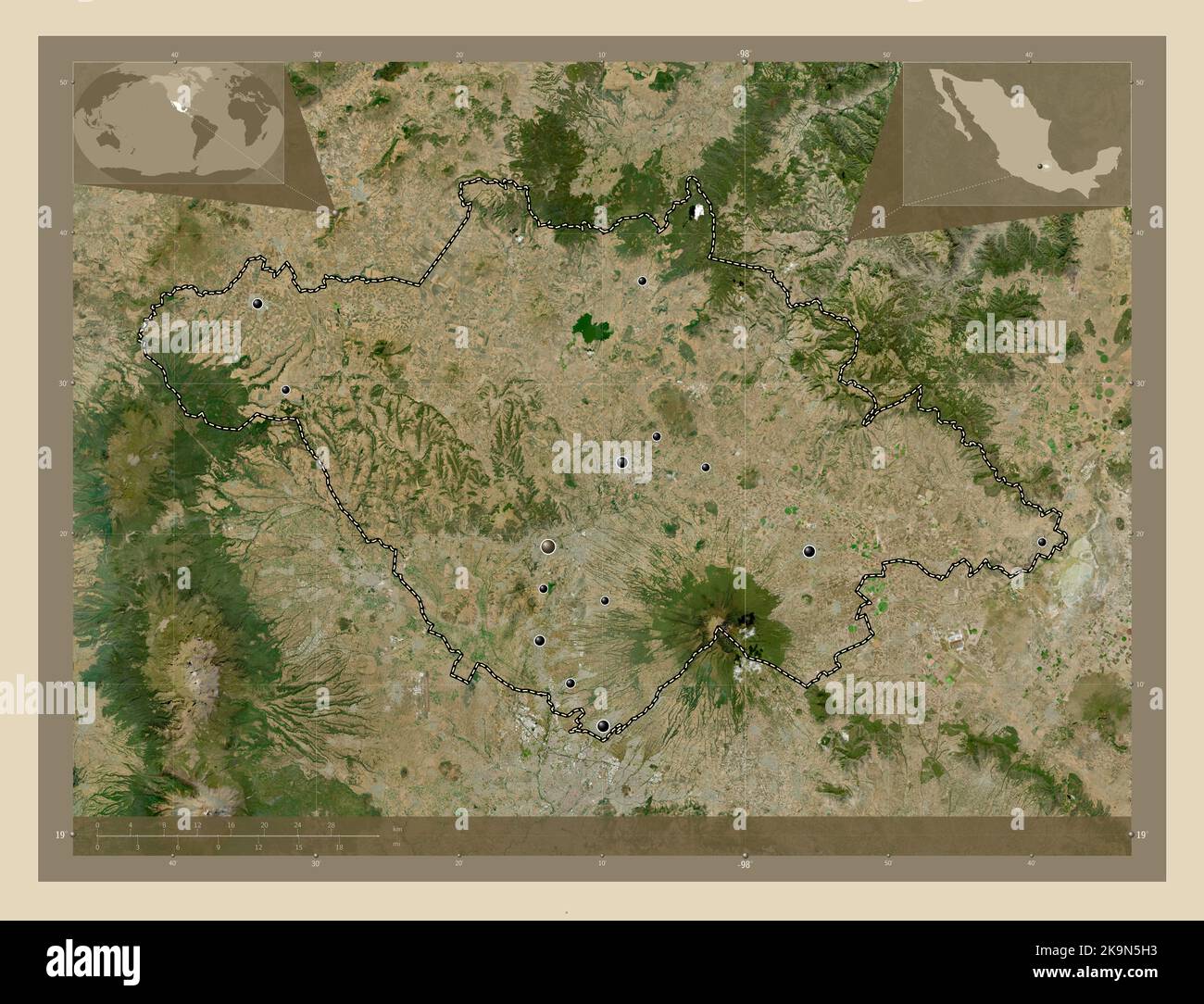 Tlaxcala, state of Mexico. High resolution satellite map. Locations of ...