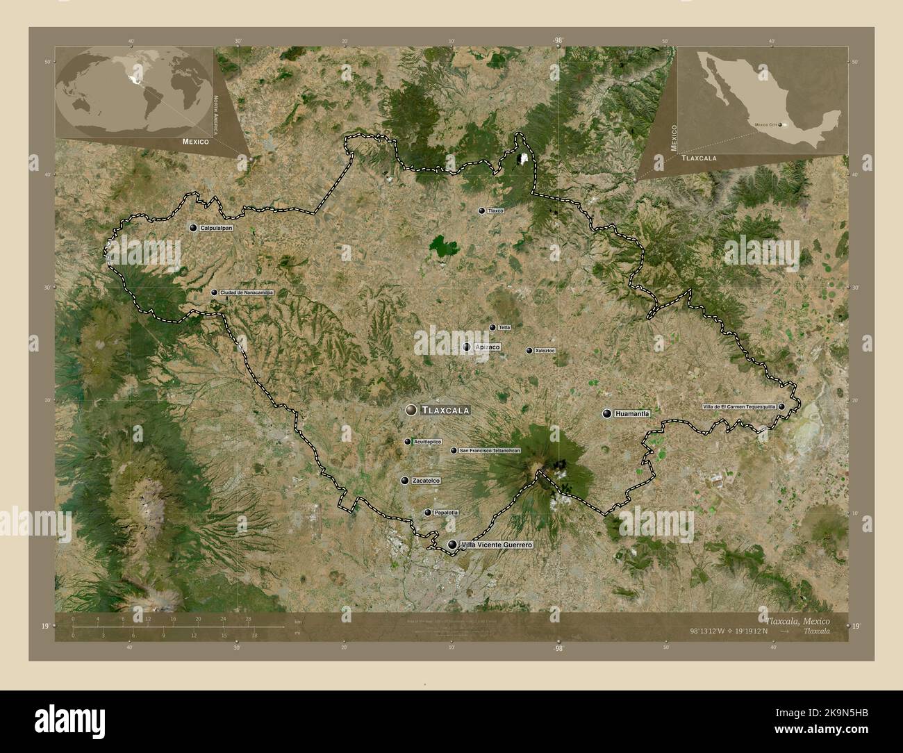Tlaxcala, state of Mexico. High resolution satellite map. Locations and ...