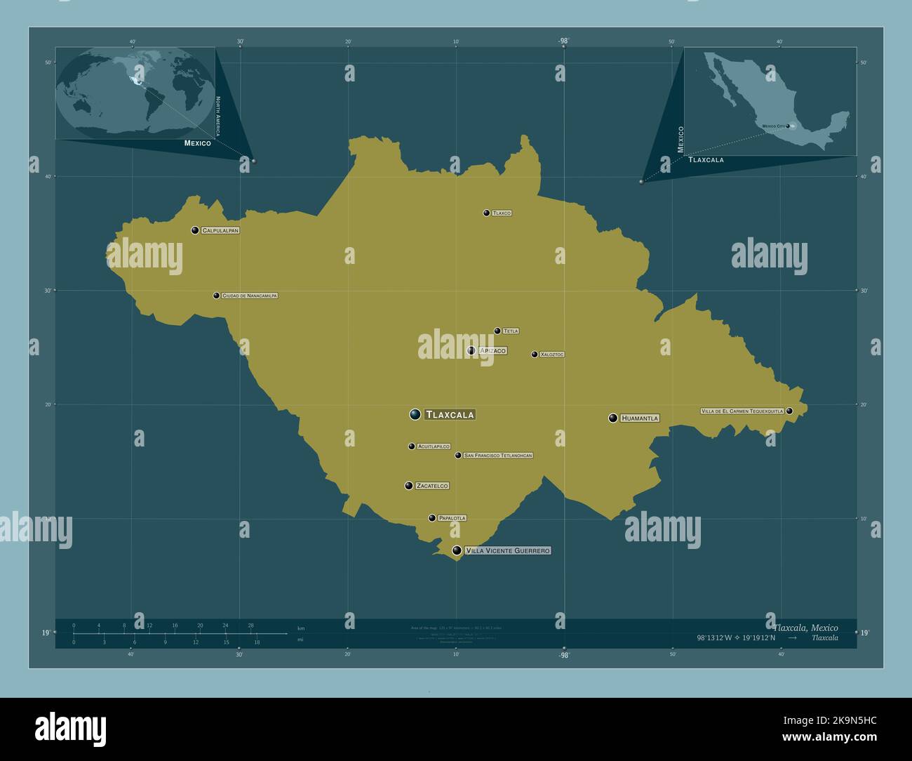 Tlaxcala, state of Mexico. Solid color shape. Locations and names of ...
