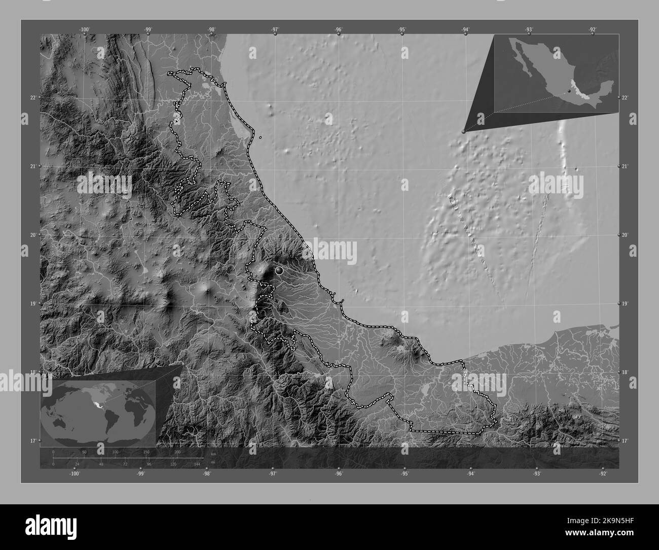 Veracruz, state of Mexico. Bilevel elevation map with lakes and rivers ...