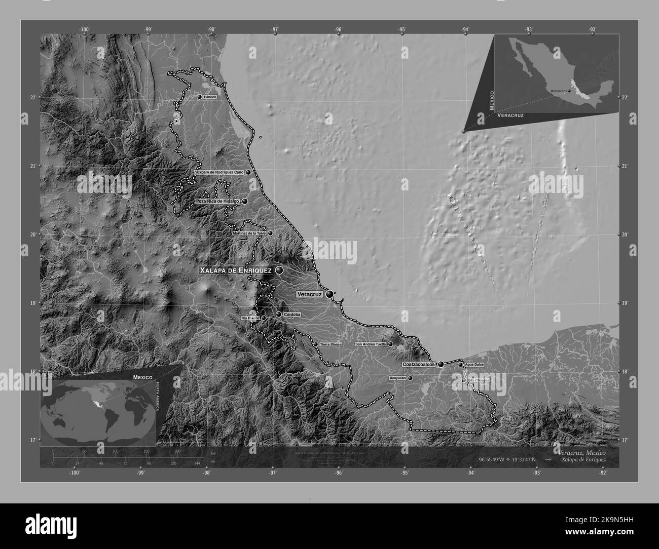 Veracruz, state of Mexico. Bilevel elevation map with lakes and rivers ...