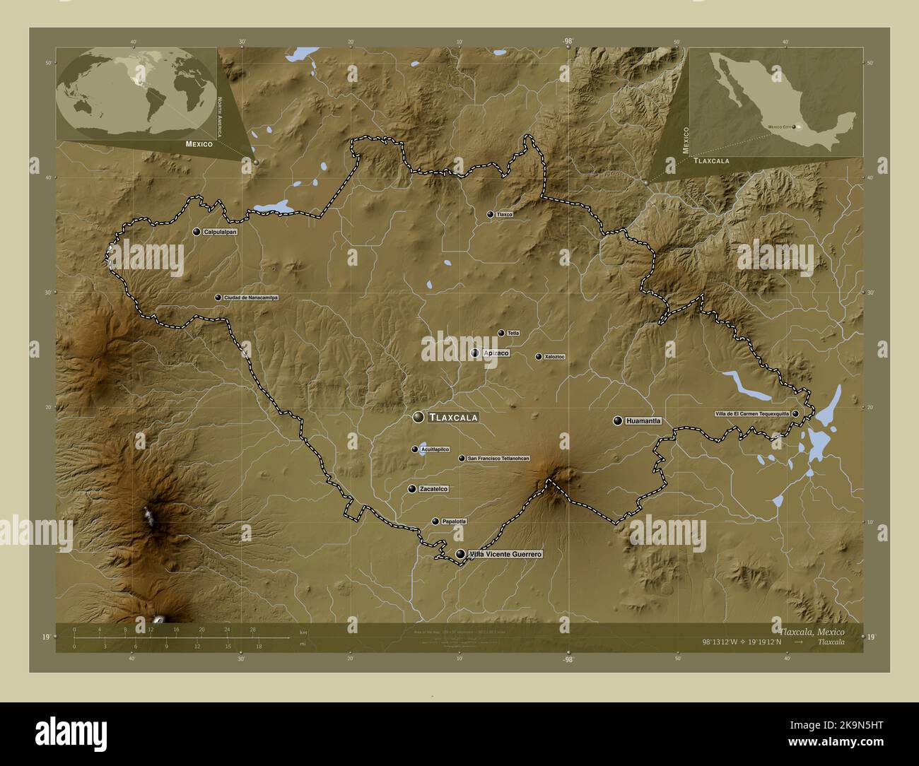 Tlaxcala, state of Mexico. Elevation map colored in wiki style with ...