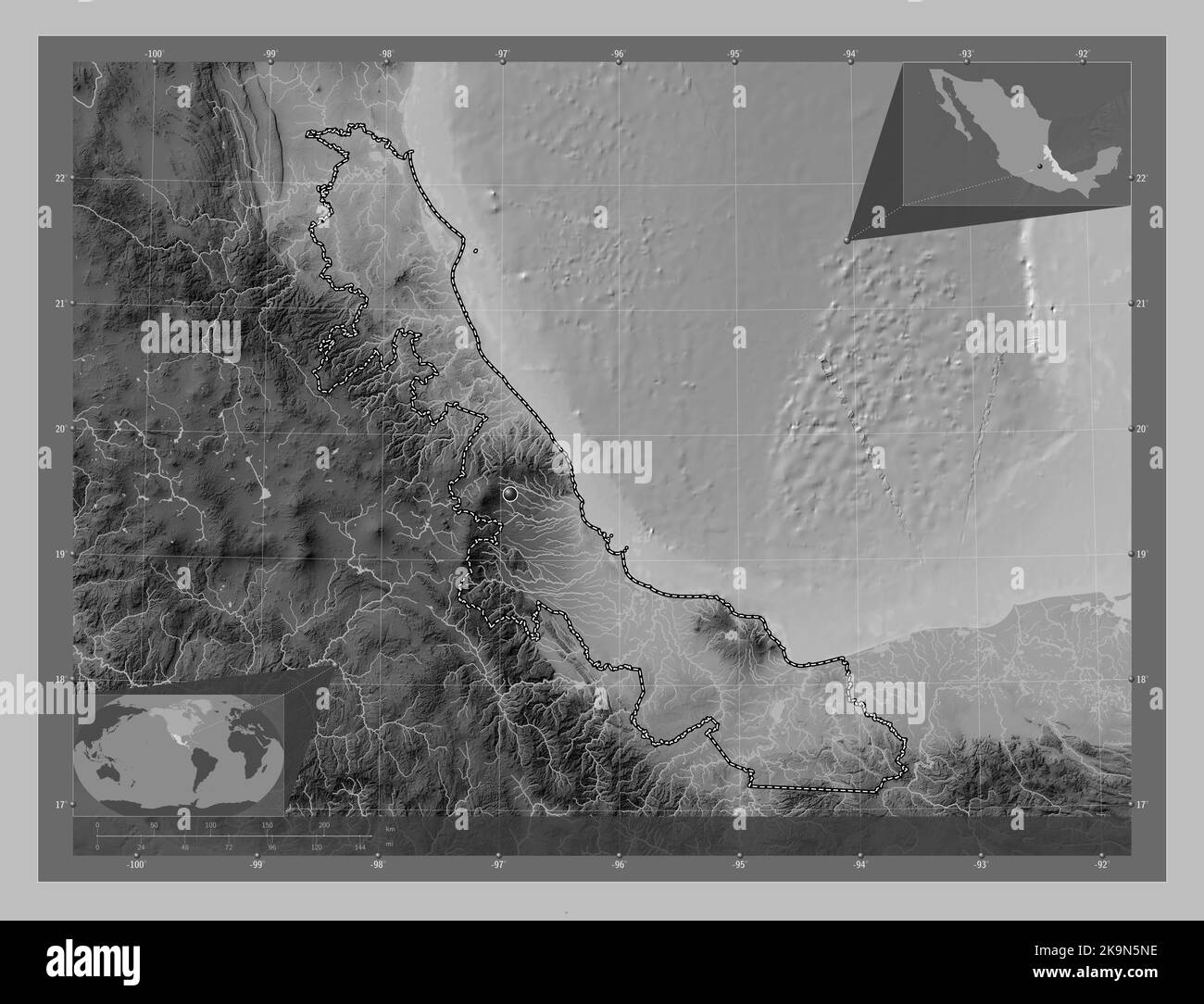 Veracruz, state of Mexico. Grayscale elevation map with lakes and ...