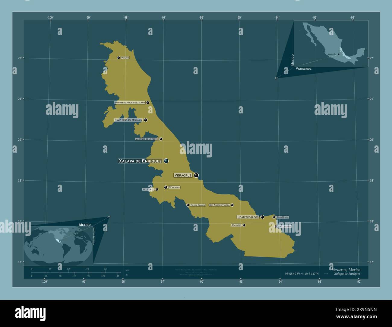 Veracruz, state of Mexico. Solid color shape. Locations and names of ...