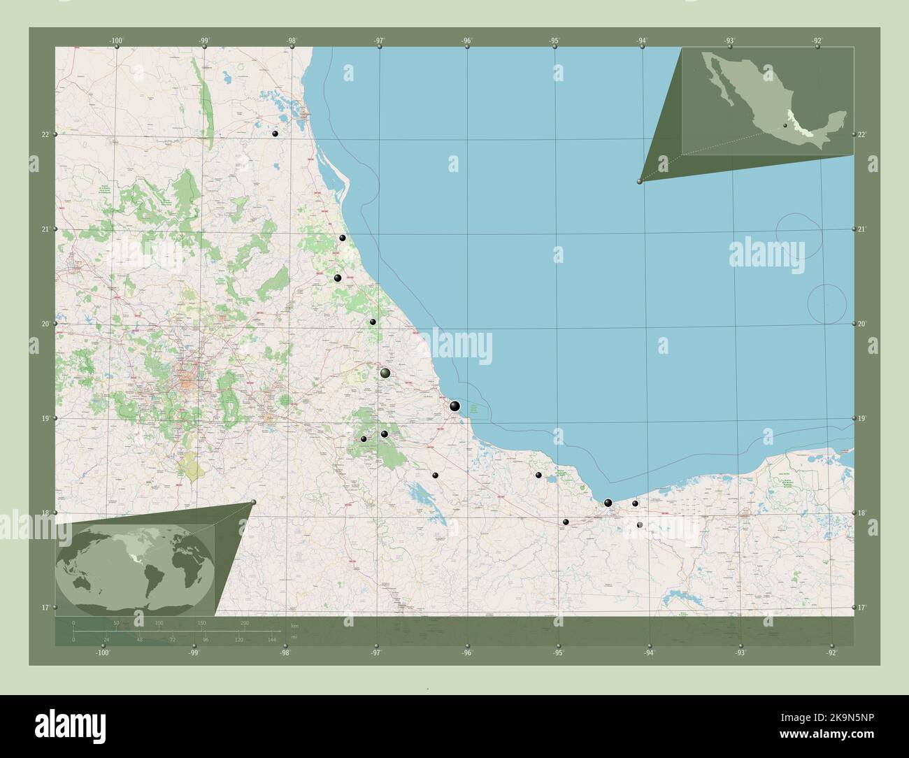Veracruz, state of Mexico. Open Street Map. Locations of major cities ...