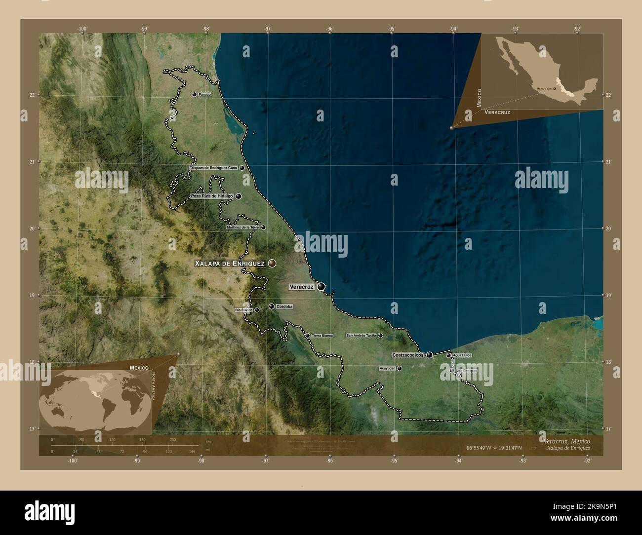 Veracruz, state of Mexico. Low resolution satellite map. Locations and ...