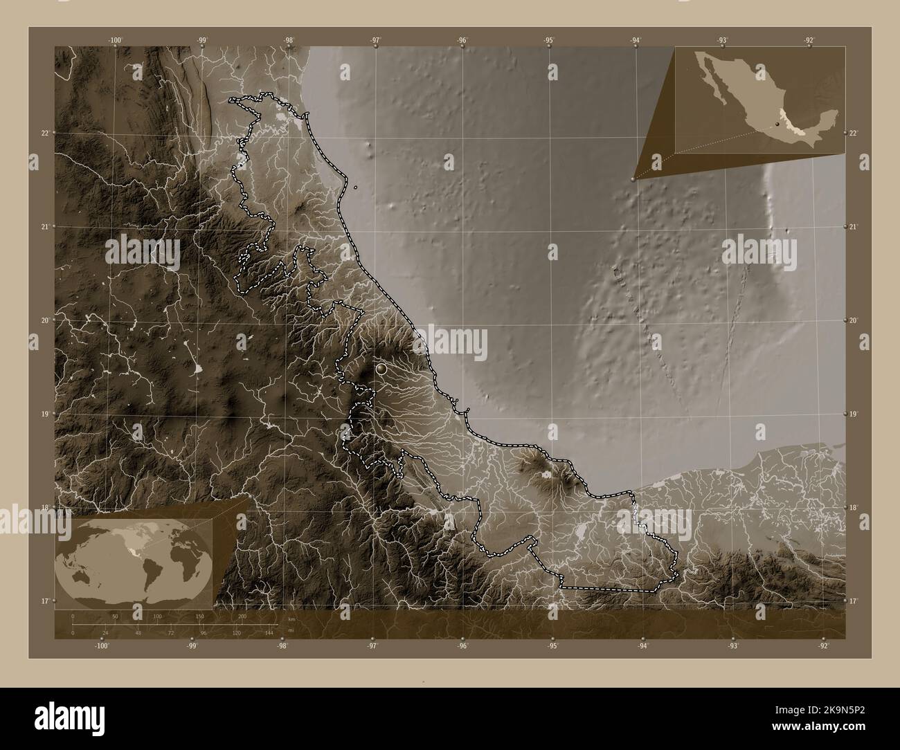 Veracruz, state of Mexico. Elevation map colored in sepia tones with ...