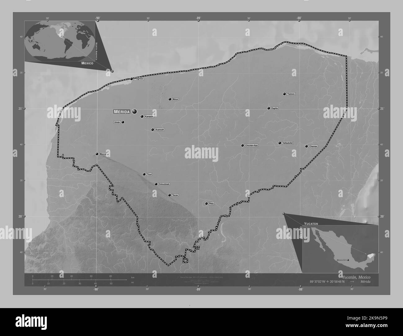 Yucatan, state of Mexico. Grayscale elevation map with lakes and rivers ...