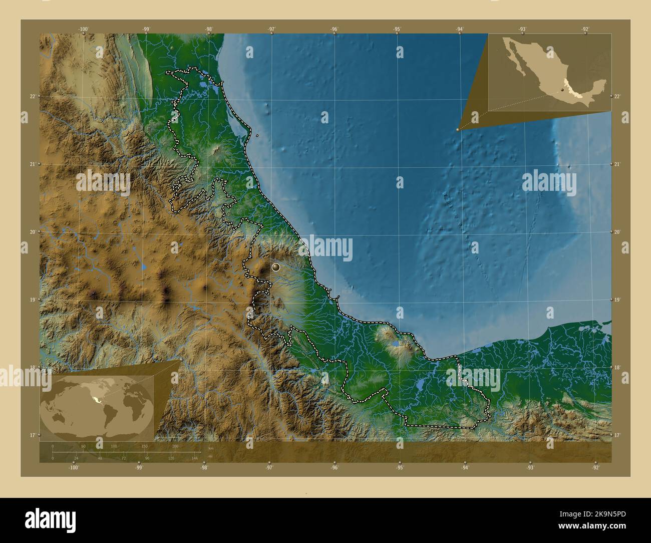 Veracruz, state of Mexico. Colored elevation map with lakes and rivers ...
