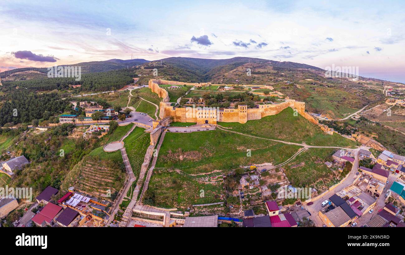 Aerial panoramic view of the ancient citadel Naryn-Kala, fortress wall ...