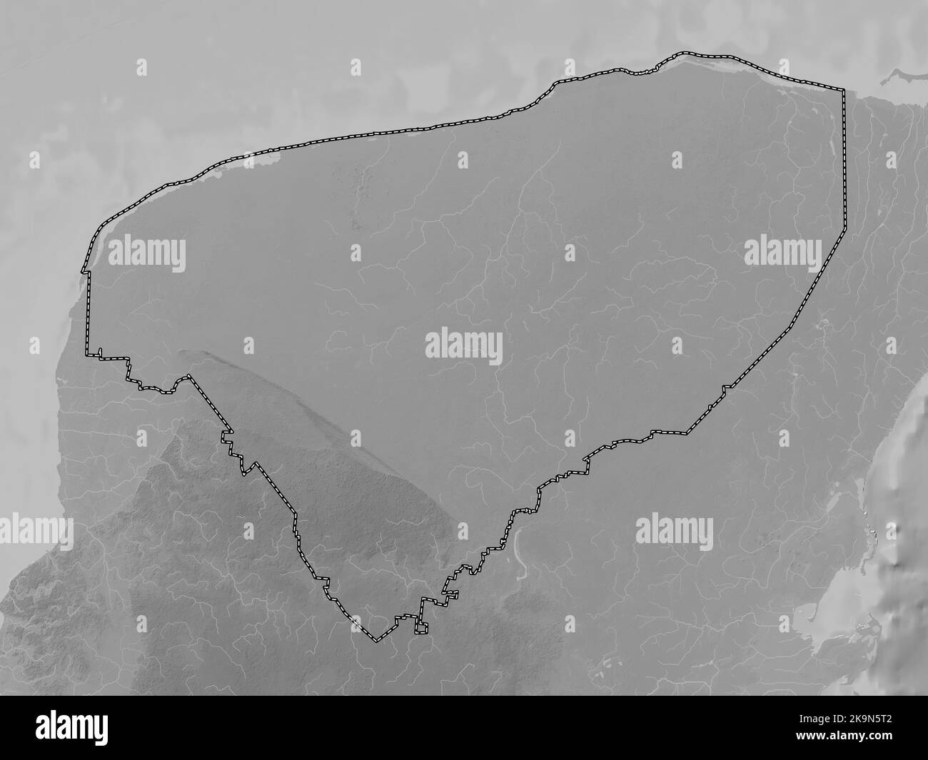 Yucatan, state of Mexico. Grayscale elevation map with lakes and rivers ...