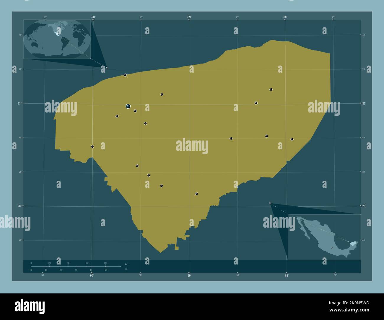 Yucatan, state of Mexico. Solid color shape. Locations of major cities ...
