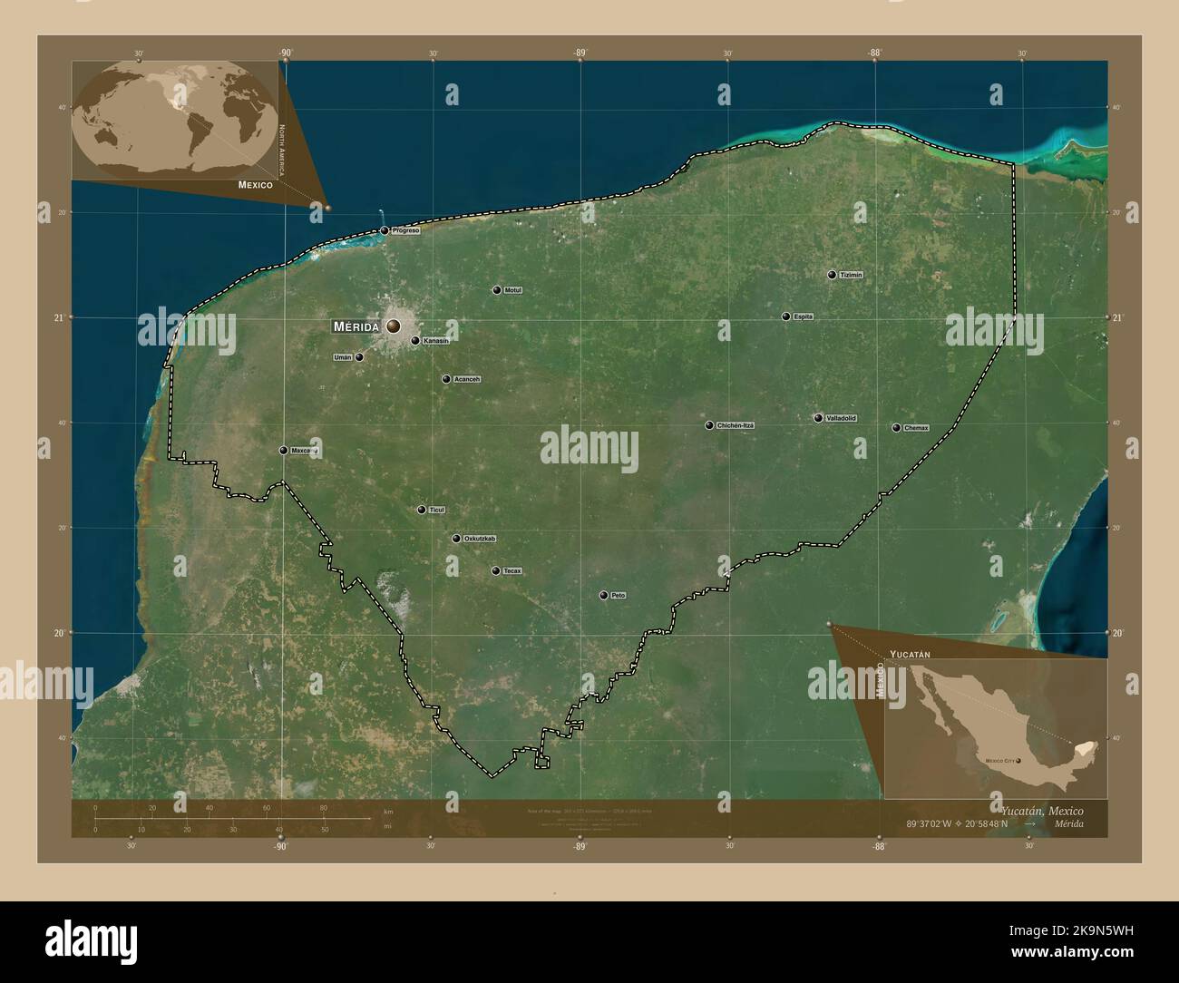 Yucatan, state of Mexico. Low resolution satellite map. Locations and ...