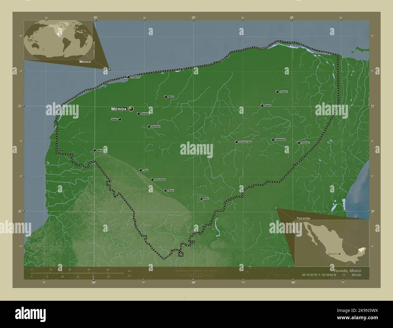 Yucatan, state of Mexico. Elevation map colored in wiki style with ...