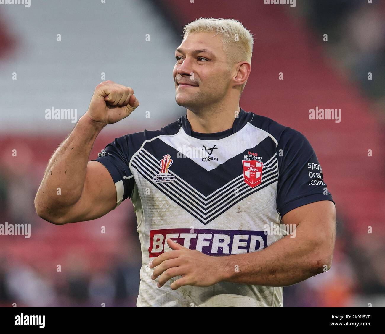 Ryan Hall of England punches the air after England thrash Greece 94-4 ...