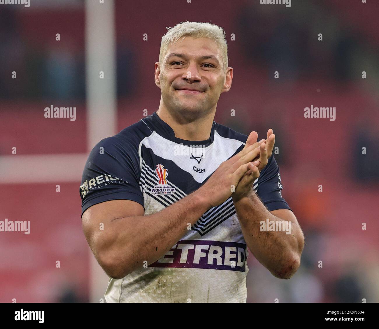 Ryan Hall of England applauds the fans during the Rugby League World ...