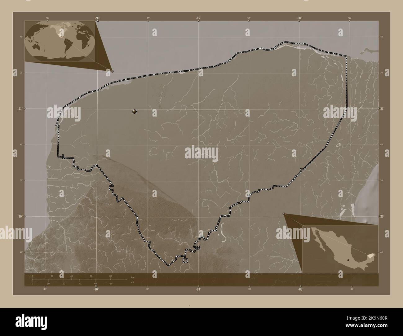 Yucatan, state of Mexico. Elevation map colored in sepia tones with ...