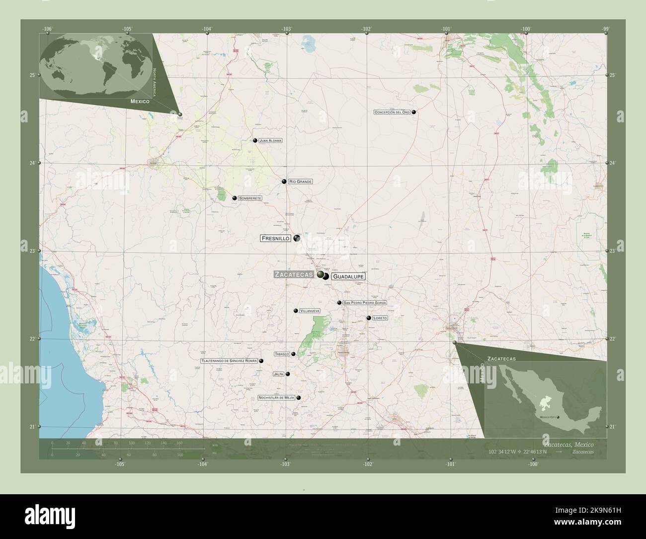 Zacatecas, state of Mexico. Open Street Map. Locations and names of ...