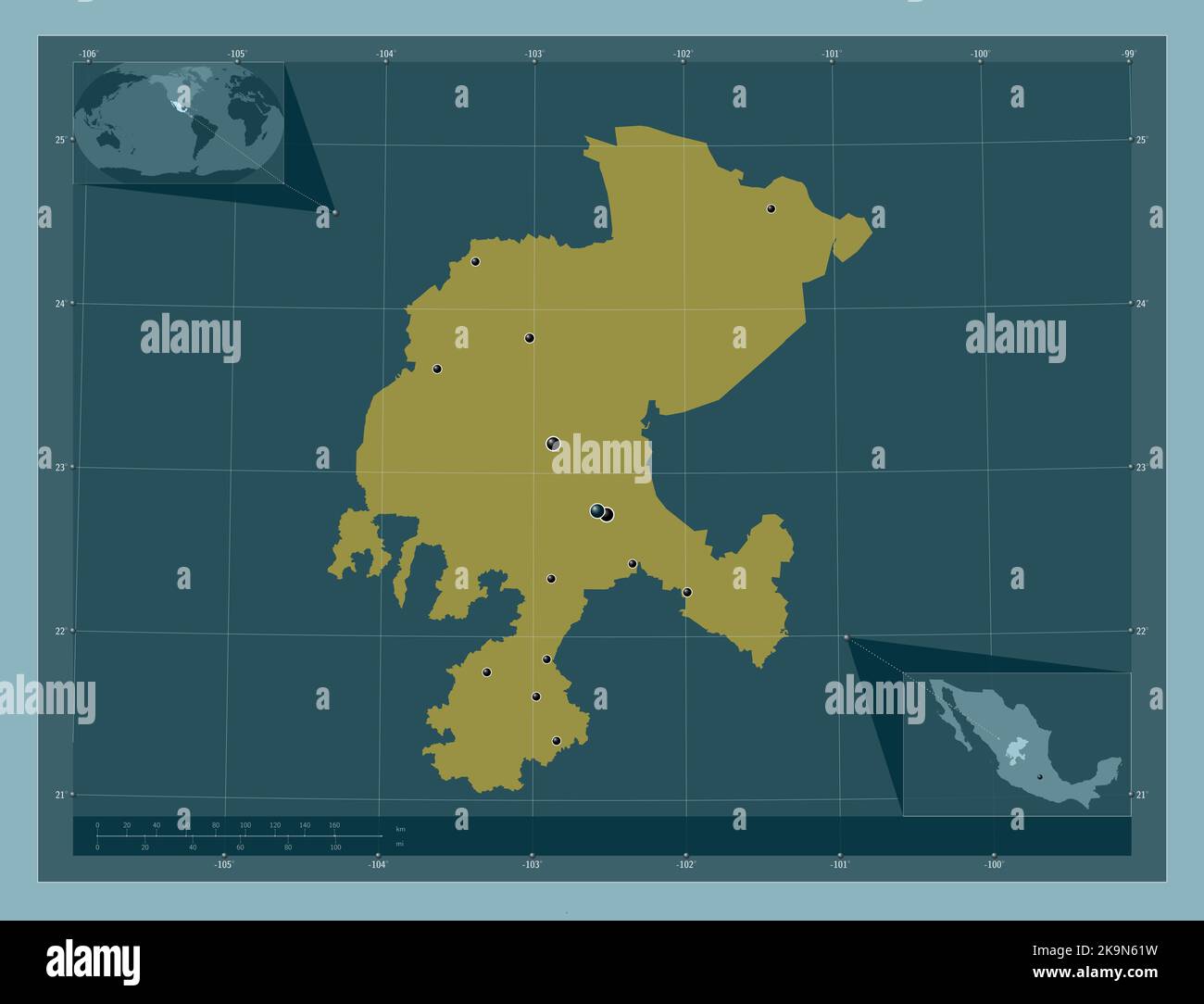 Zacatecas, state of Mexico. Solid color shape. Locations of major ...