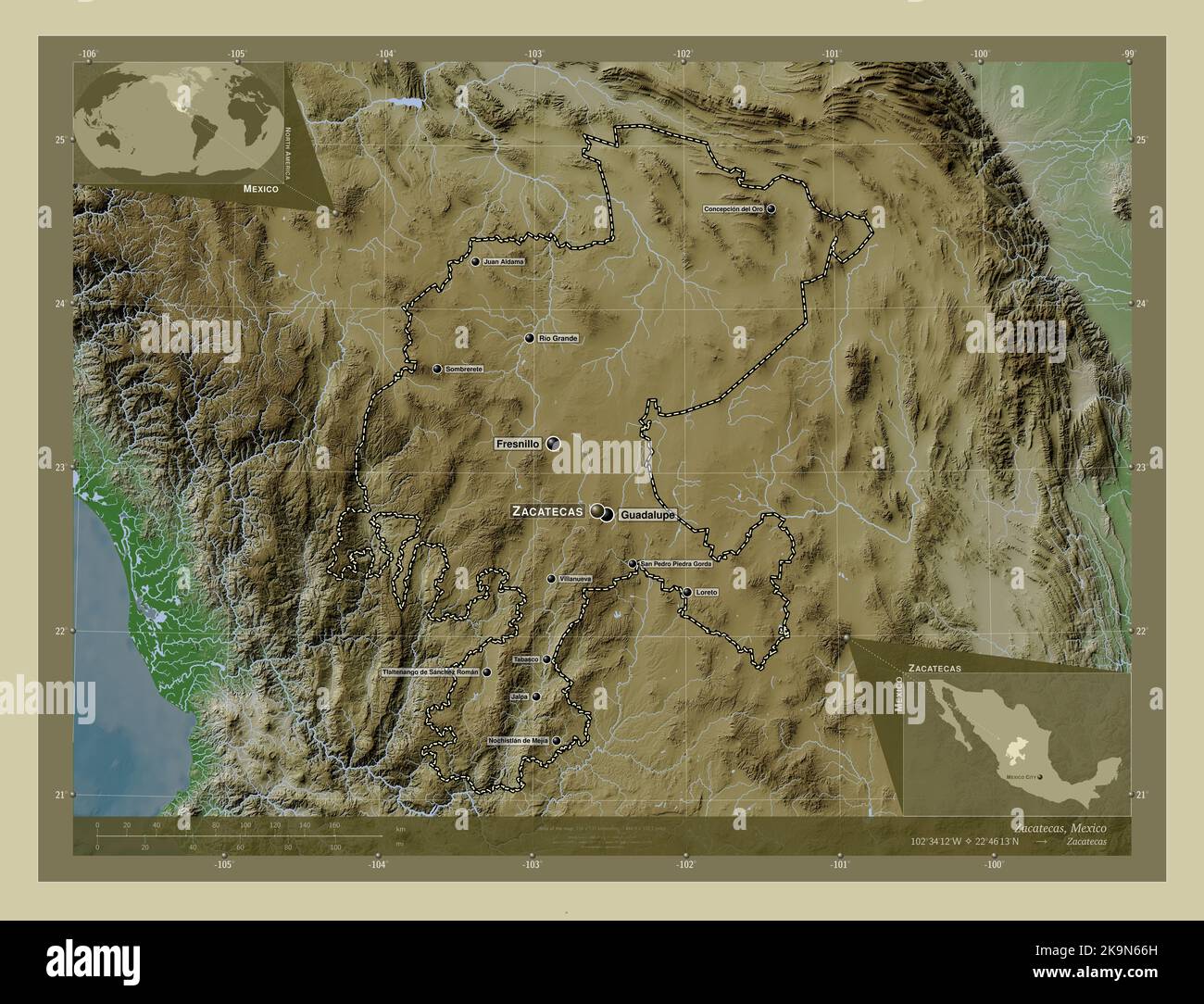 Zacatecas, state of Mexico. Elevation map colored in wiki style with ...