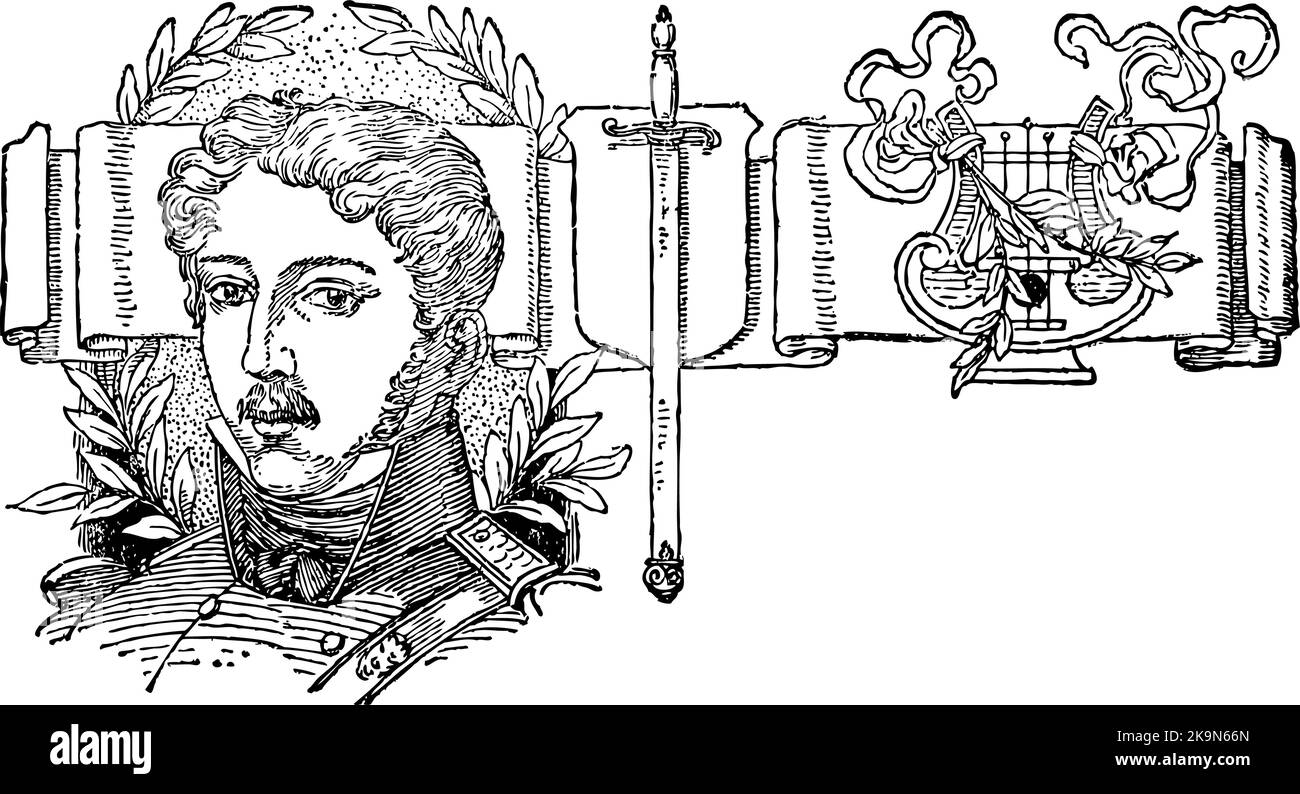 Man with a military uniform, laurel, sword, music lyre scroll, space ...