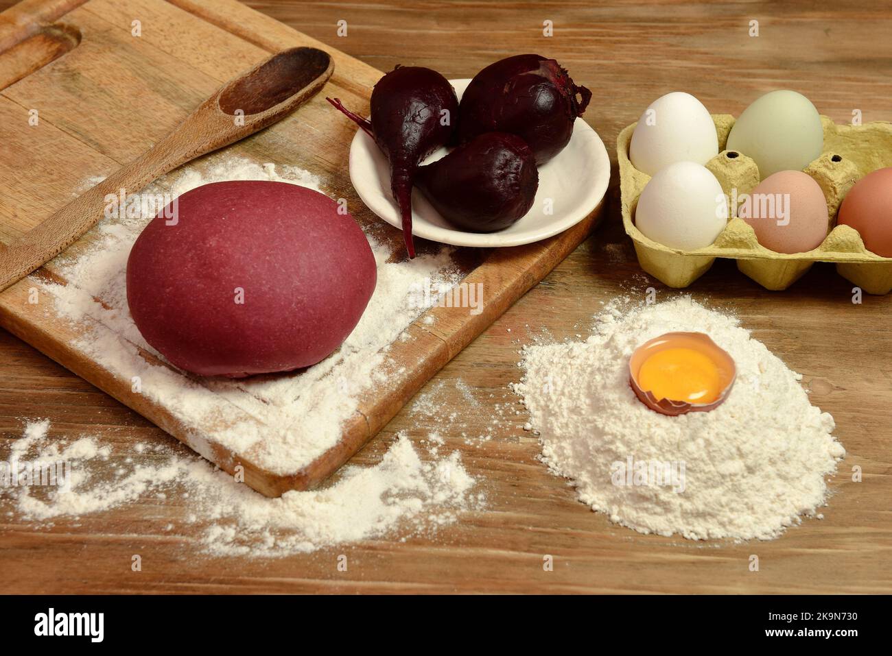 Ingredients ready on the table to make pasta of different flavors Stock ...