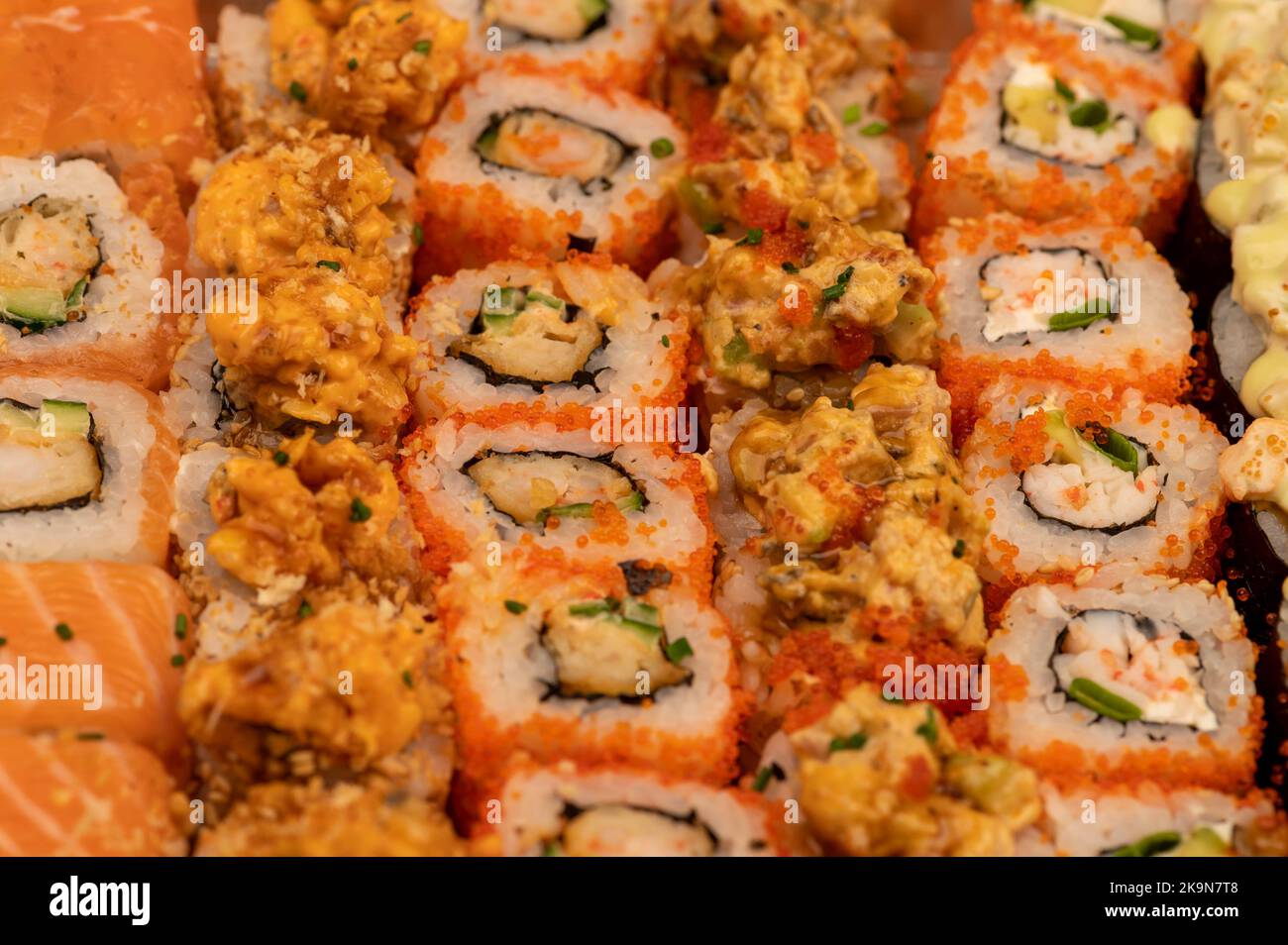 A set of different types of rolls in a box. Top view of various ...