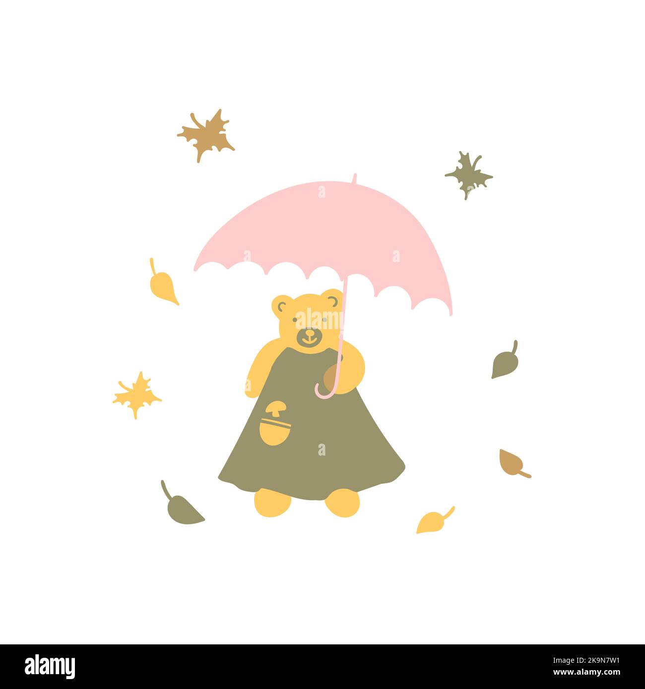 illustration of the cute bear with pink umbrella and fall autumn leaves ...