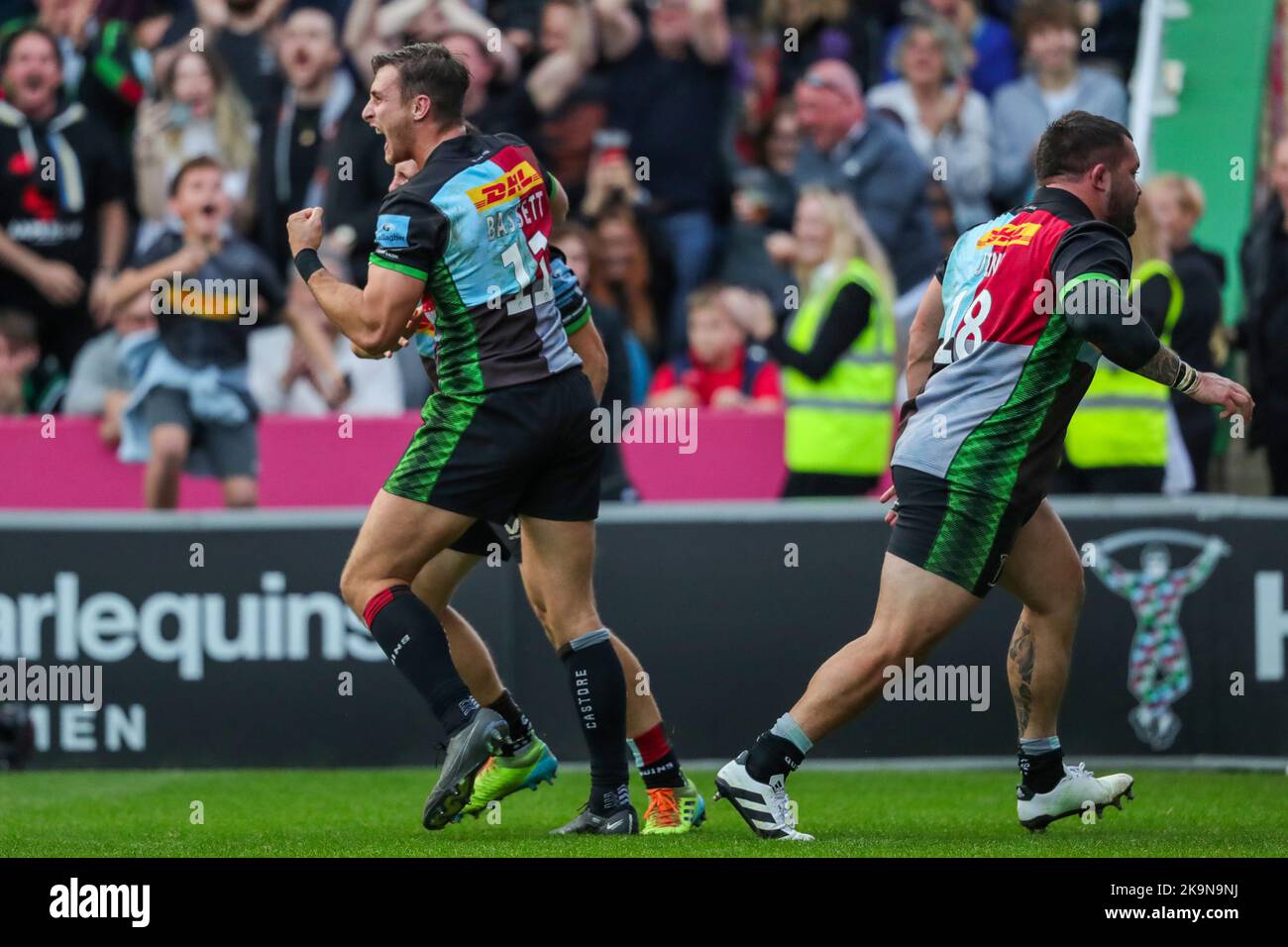 EDITORIAL USE ONLY Harlequins' Josh Bassett and Simon Kerrod celebrate ...