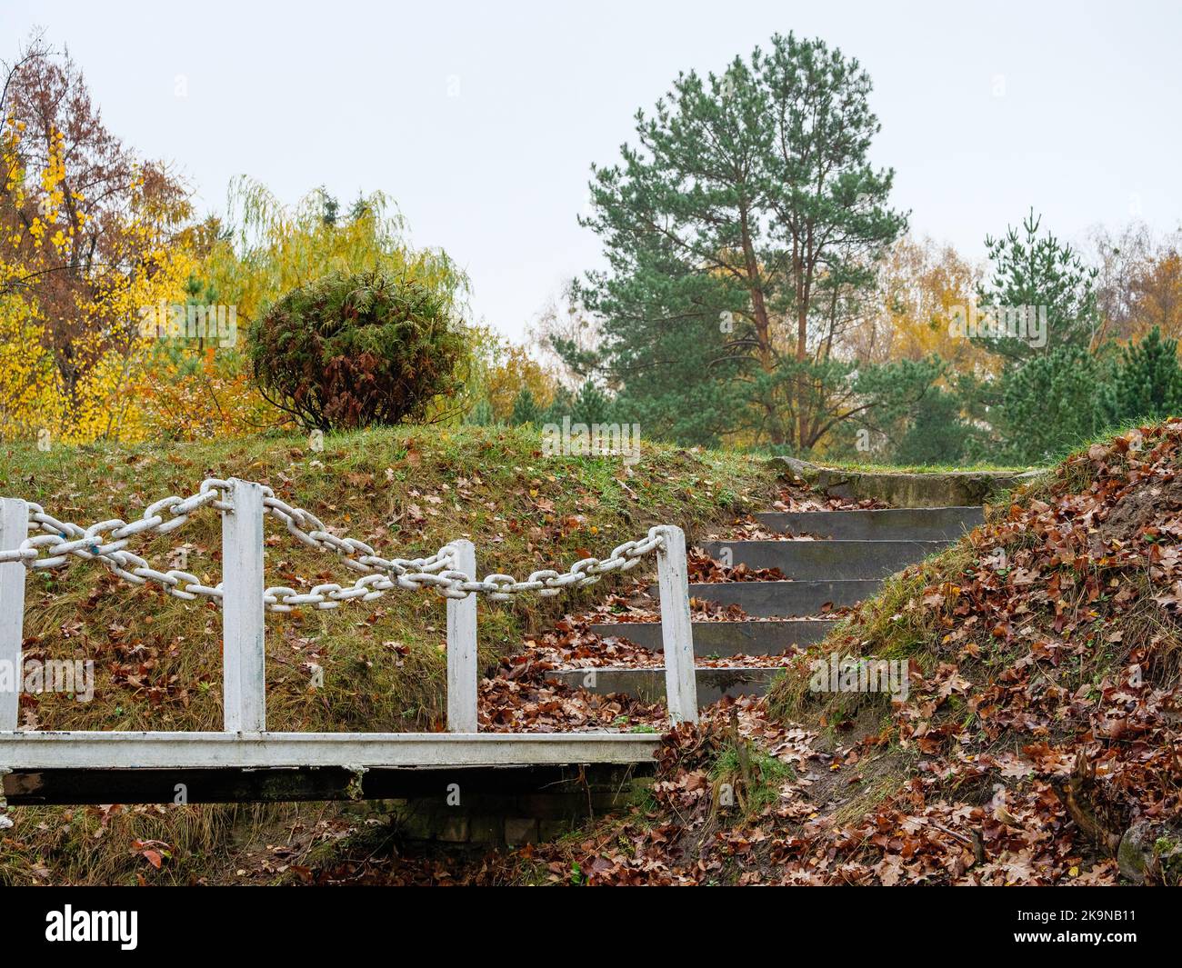 Iron bridge with handrails made of chains to the steps going up Stock ...