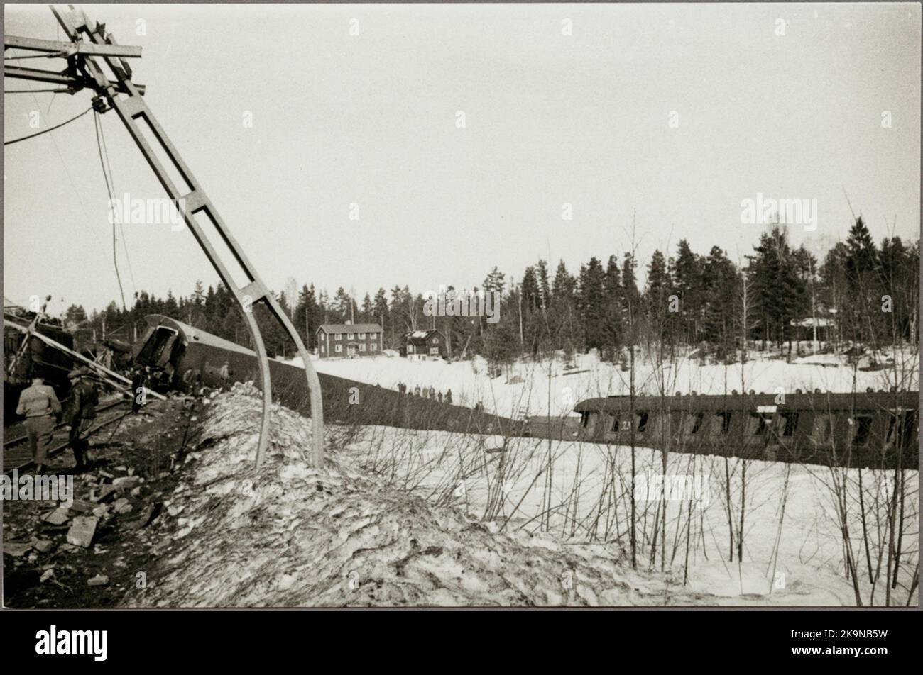 View in an accident area with derailed wagons and damaged contact line ...