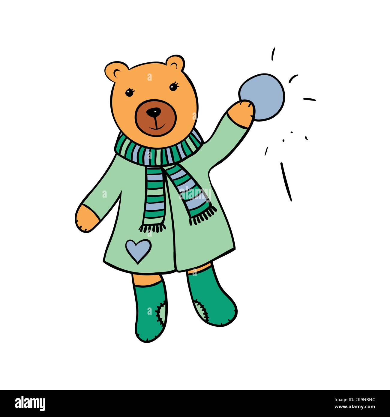 Cute bear in scarf and coat with snowball. Emotional cartoon character ...