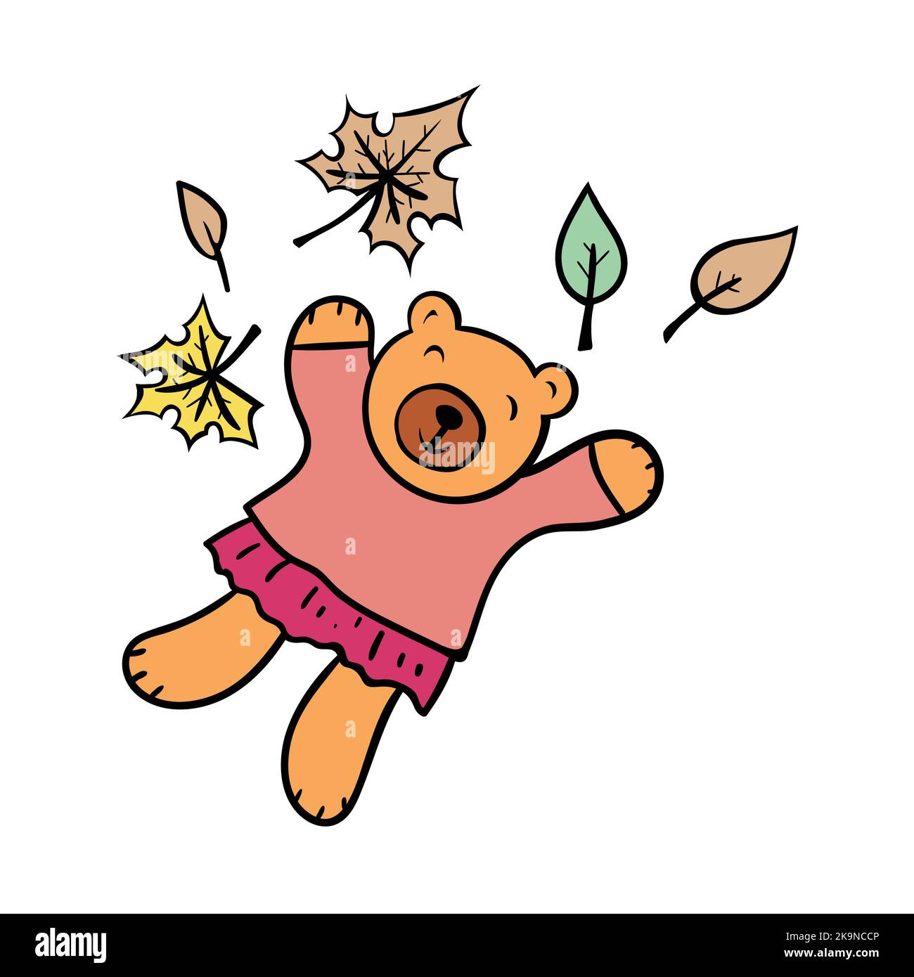 Cute bear and autumn leaves. Cartoon character. Funny animal. Hand ...