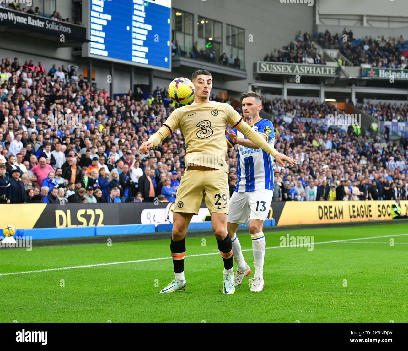 Brighton, UK. 29th Oct, 2022. Kai Havertz of Chelsea holds the ball up ...
