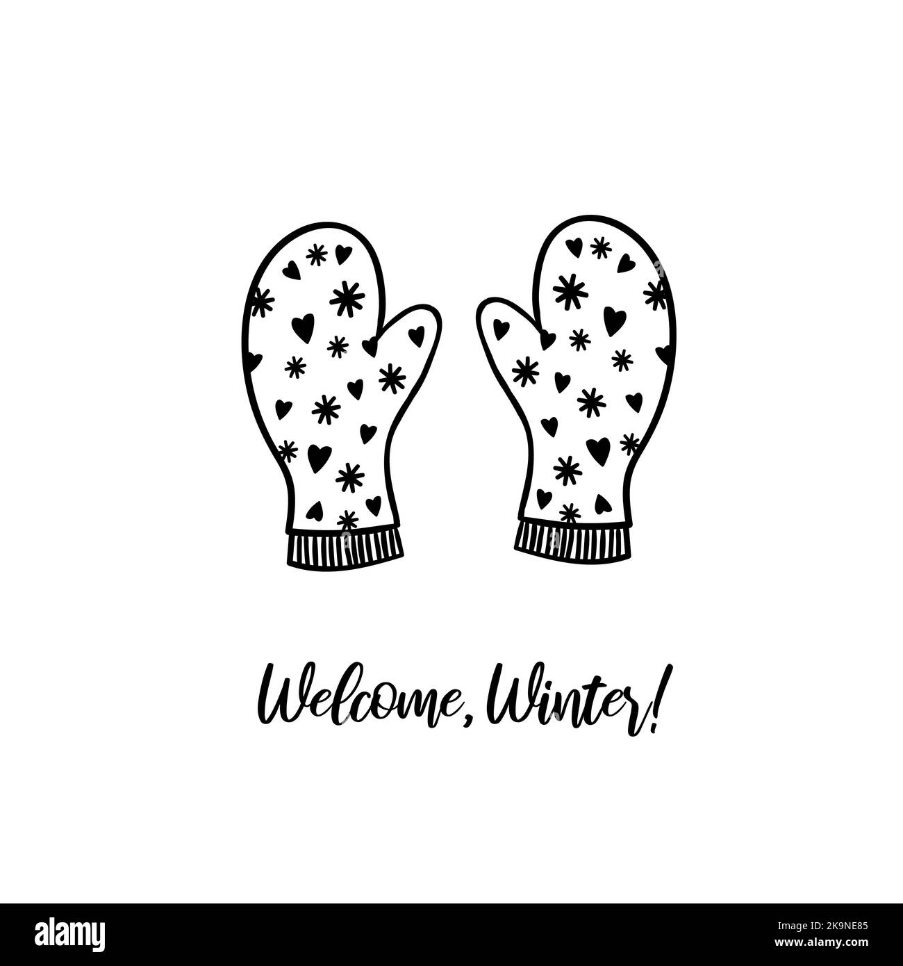 Hello winter! Card with text lettering and illustration of mittens ...
