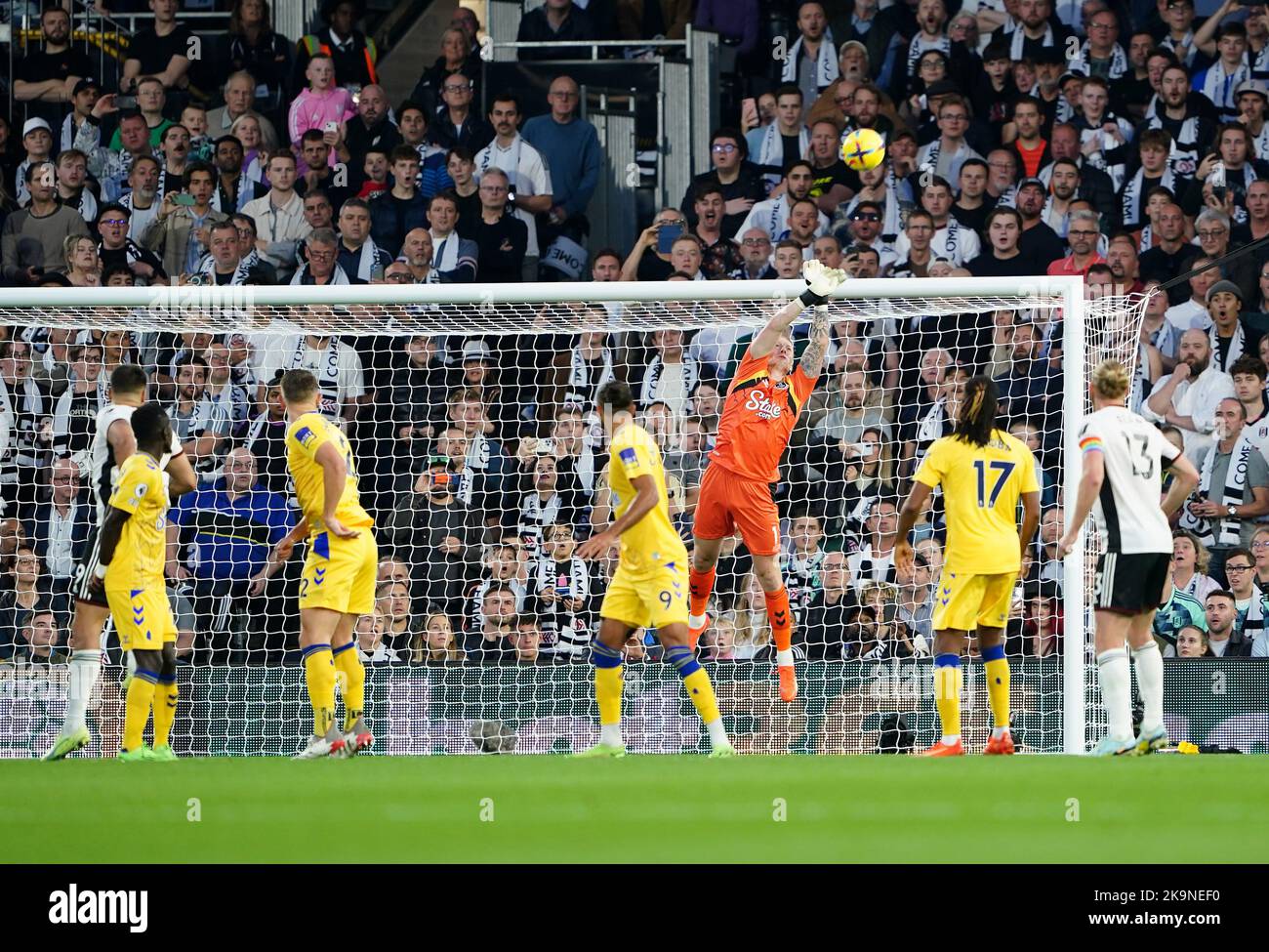 Everton goalkeeper Jordan Pickford saves a shot during the Premier ...