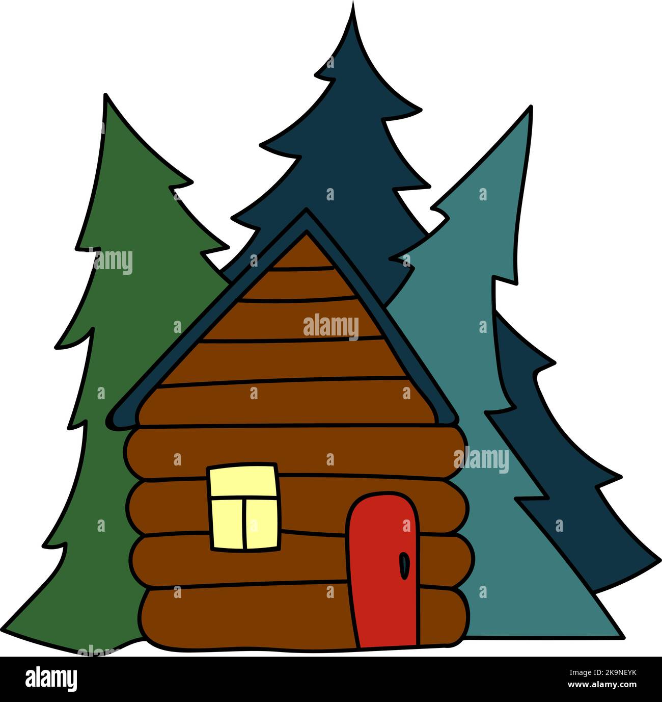 Vector illustration of rural house building and fir-trees in cartoon ...
