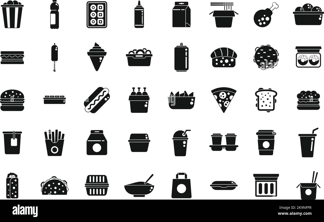 Take away food and drinks icons set simple vector. Burger cinema ...