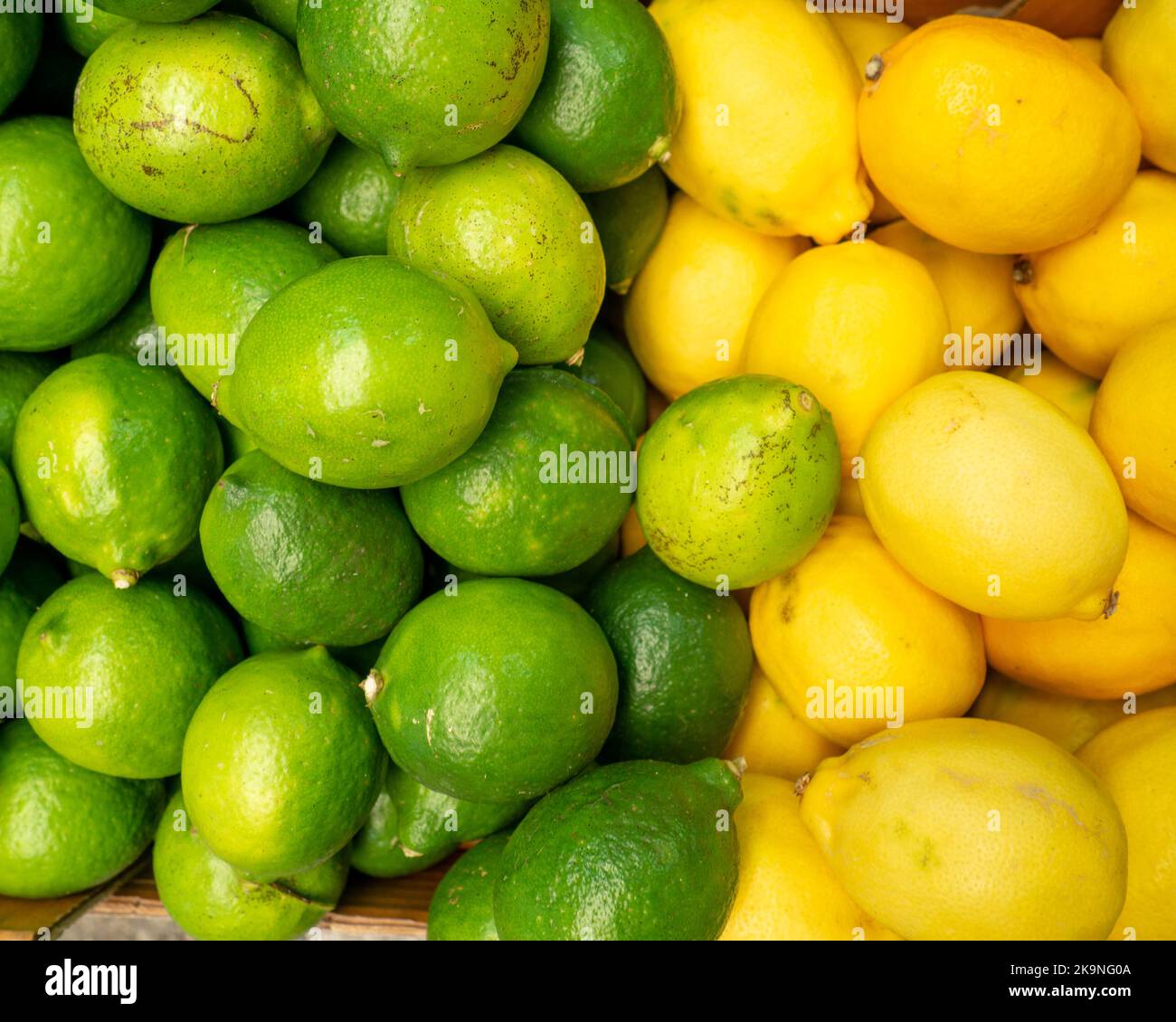 Lemons and limes in one box. Background from different citrus fruits ...
