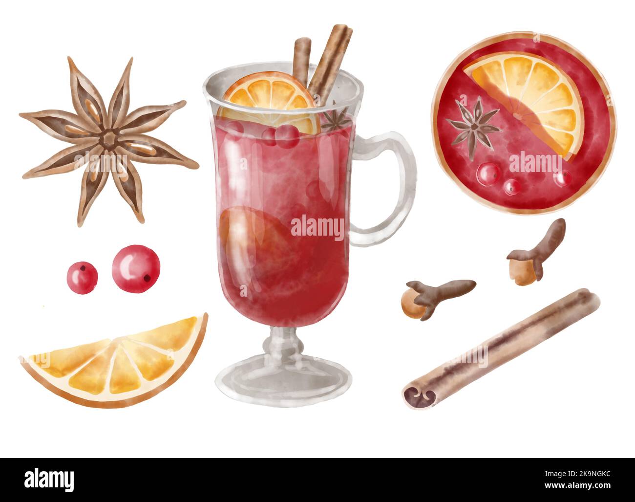 Watercolor Illustration of Mulled Wine in glass mag and Ingredients for ...