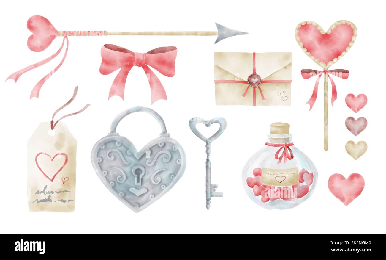 Watercolor set of Heart Shaped elements for Valentine’s day design ...