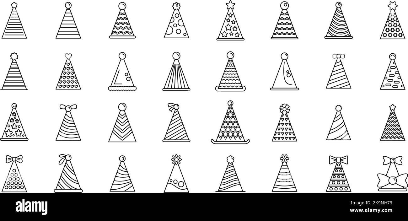Party hats icons set outline vector. Birthday cap. Celebrate carnival ...