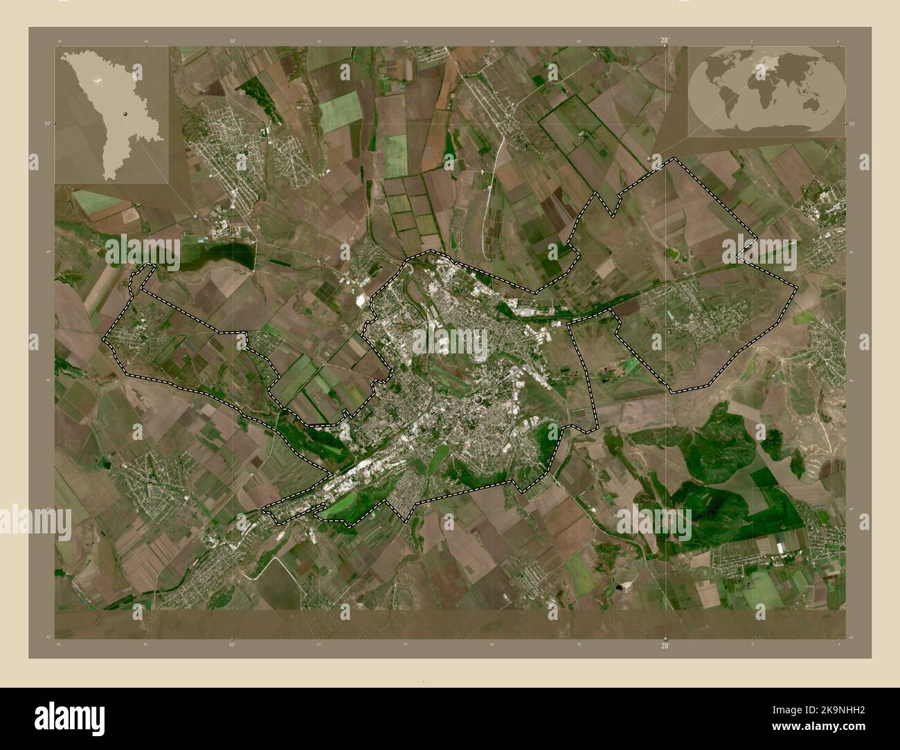 Balti, city of Moldova. High resolution satellite map. Corner auxiliary ...