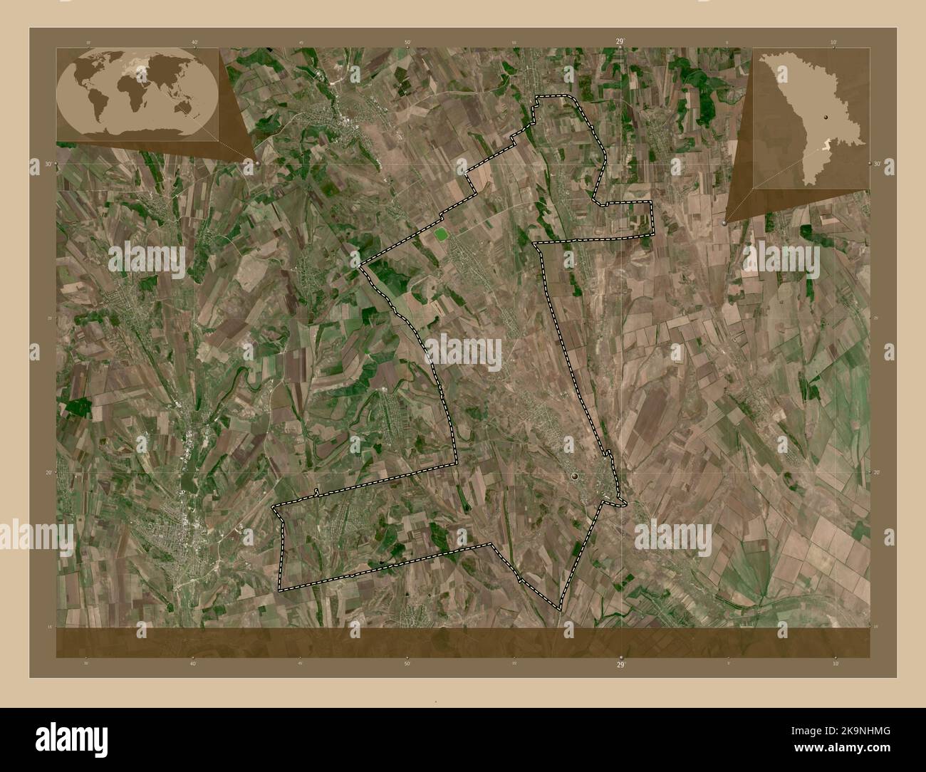 Basarabeasca, district of Moldova. Low resolution satellite map. Locations of major cities of ...
