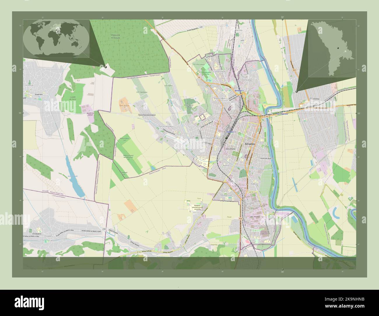 Bender, city of Moldova. Open Street Map. Locations of major cities of ...