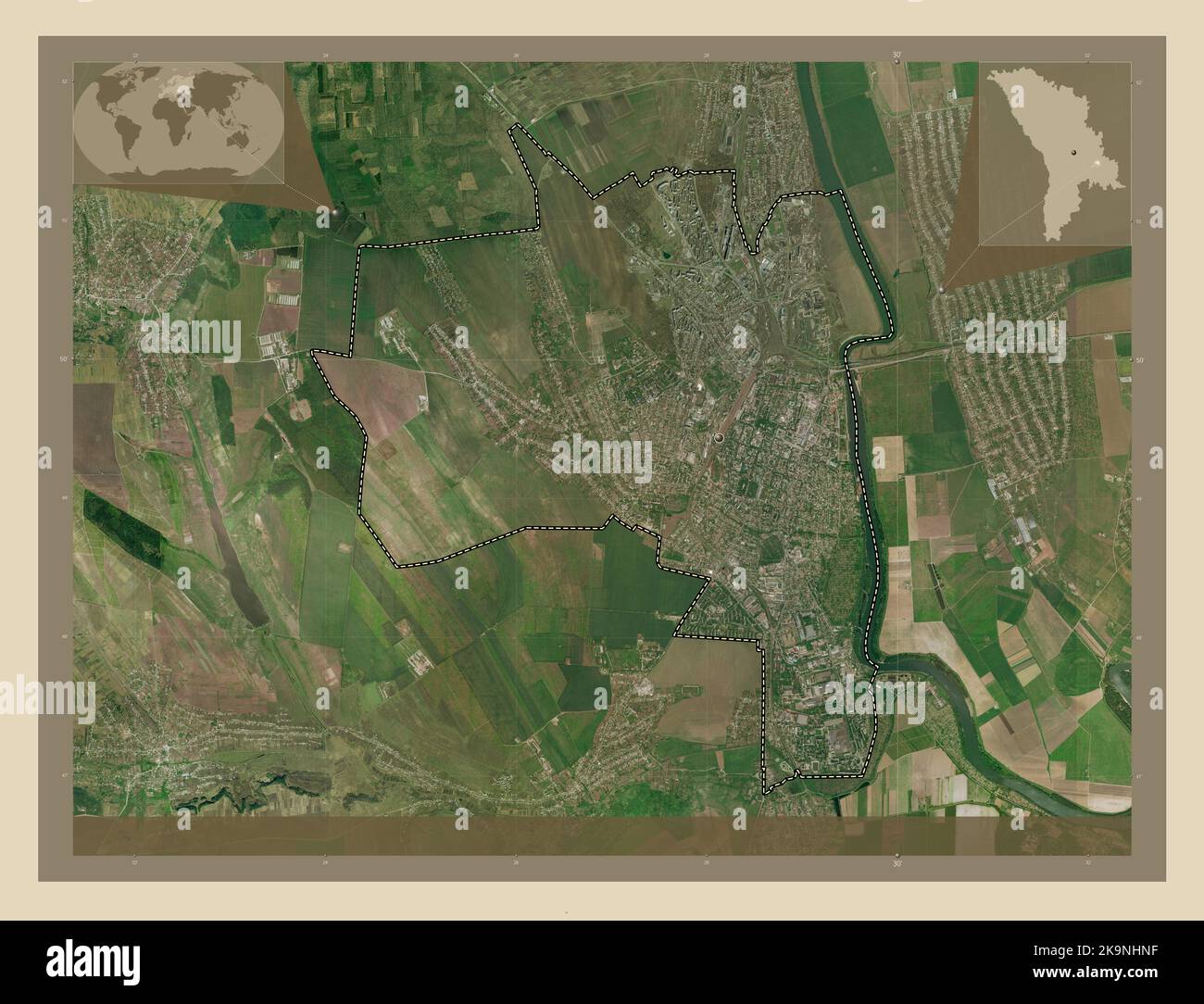 Bender, city of Moldova. High resolution satellite map. Corner ...