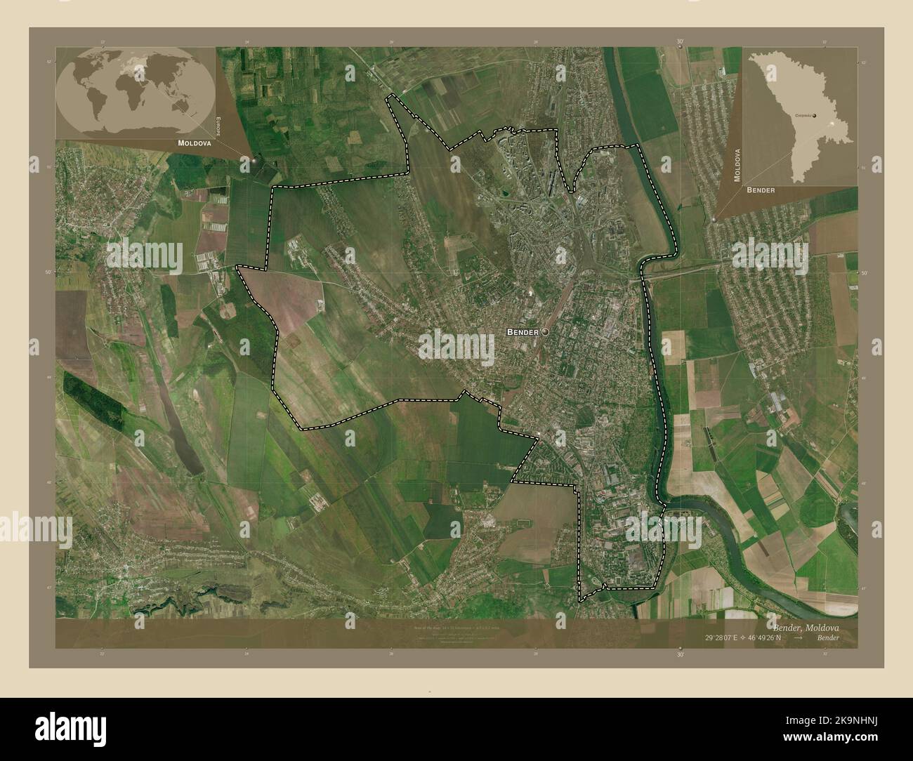 Bender, city of Moldova. High resolution satellite map. Locations and ...