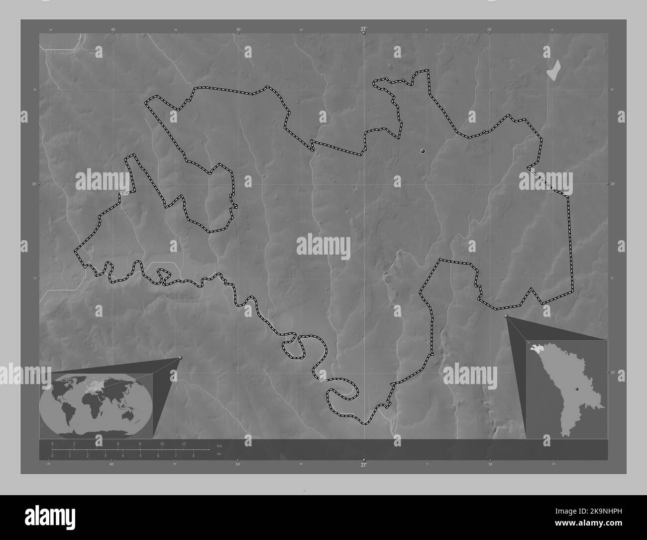 Briceni, district of Moldova. Grayscale elevation map with lakes and ...
