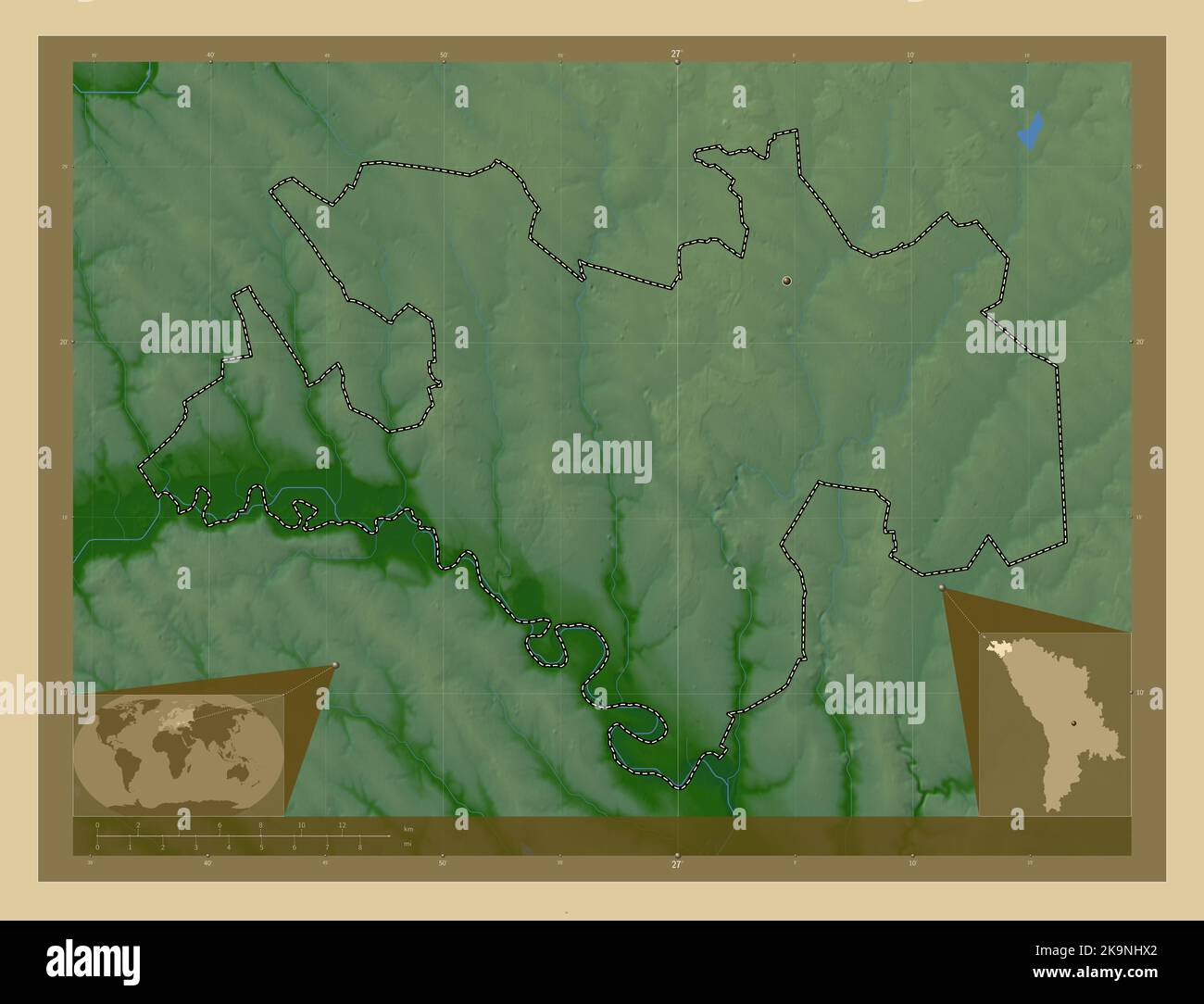 Briceni, district of Moldova. Colored elevation map with lakes and ...