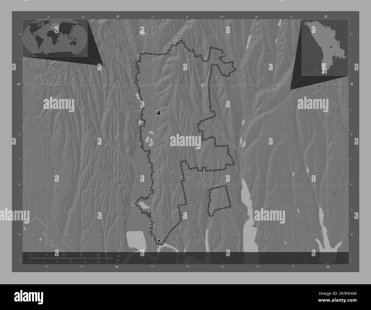 Cahul, district of Moldova. Bilevel elevation map with lakes and rivers ...